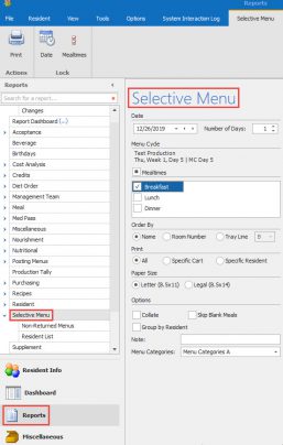 Selective Menu Reports | Dietech